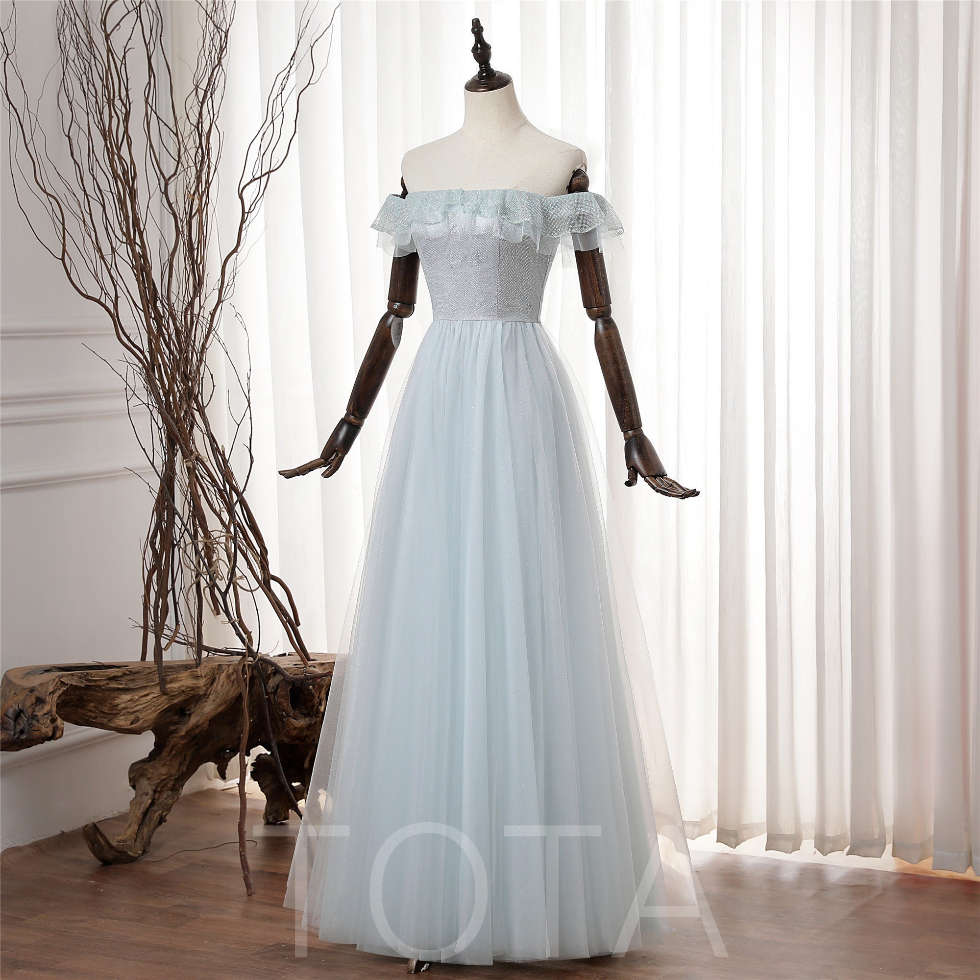 Small Ruffle Neckline Prom Dress Off the Shoulder Light Blue | Etsy