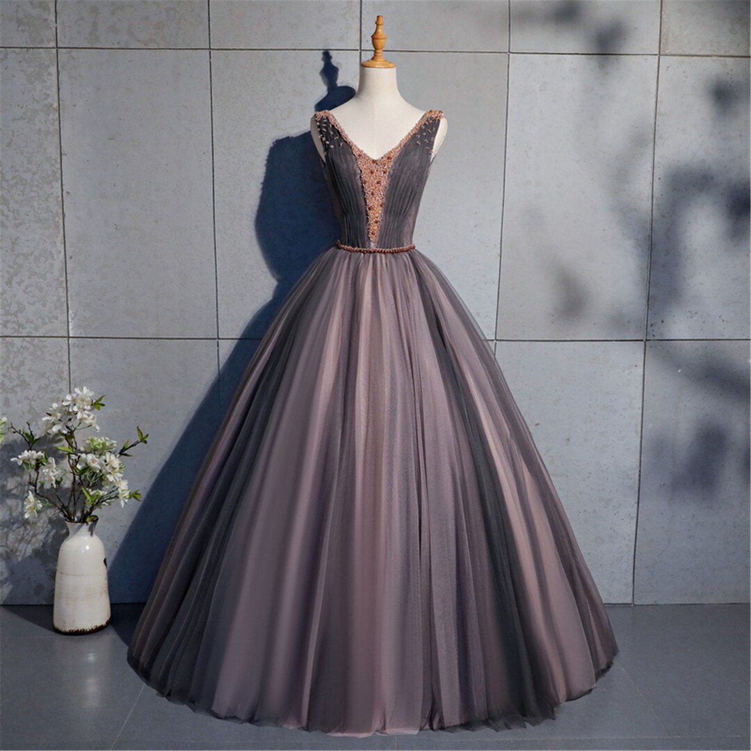 Smoke Gray Ball Gown Beaded Prom Dress V-neck Party Dress Stunning ...