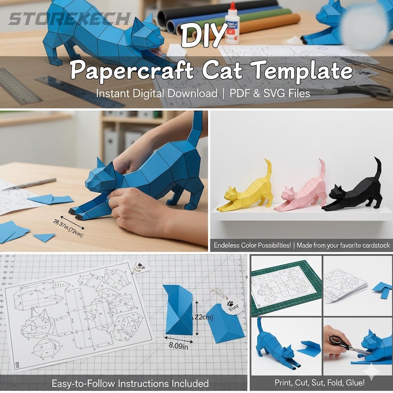 Low Poly Stretching Cat Papercraft – 3D Cardboard Model (PDF Pattern ...