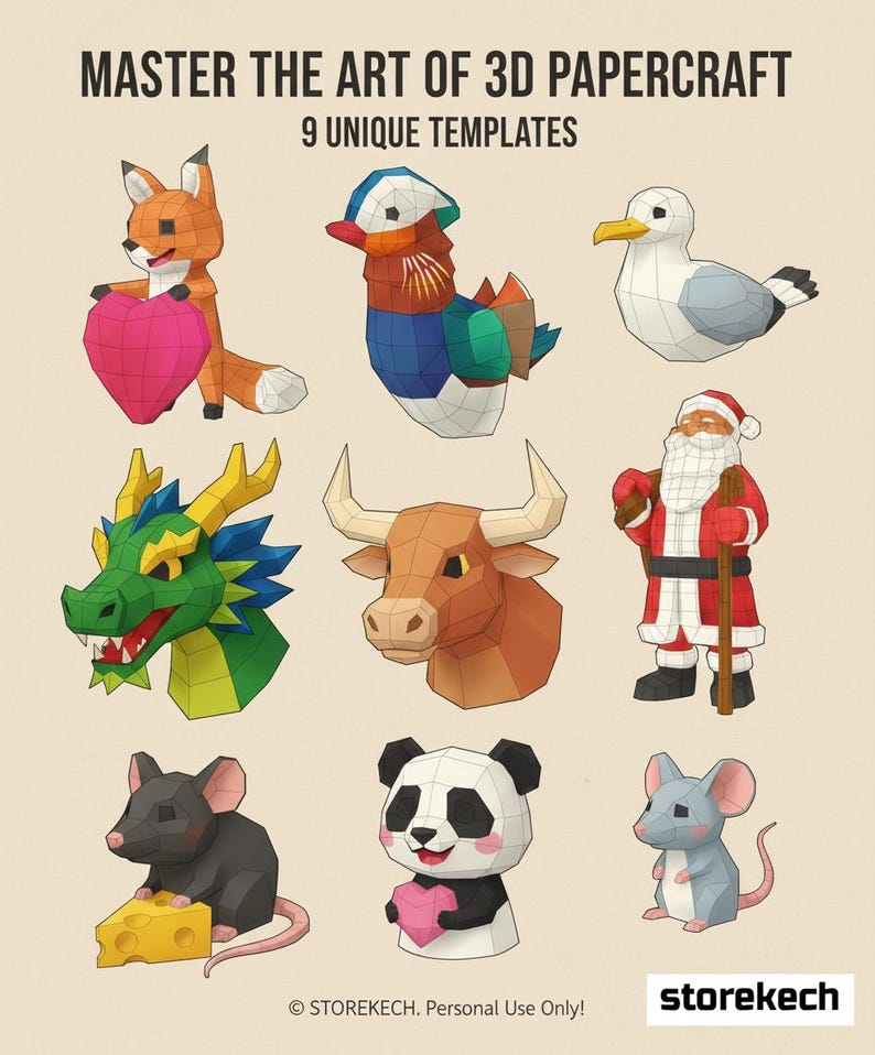 3D Papercraft Animals Bundle | 9 Printable Cardboard Models + Step-by ...