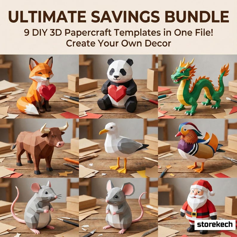 3D Papercraft Animals Bundle | 9 Printable Cardboard Models + Step-by ...