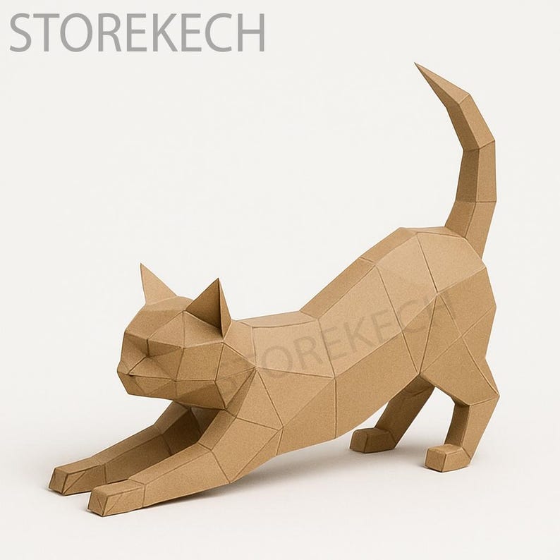 Low Poly Stretching Cat Papercraft – 3D Cardboard Model (PDF Pattern ...