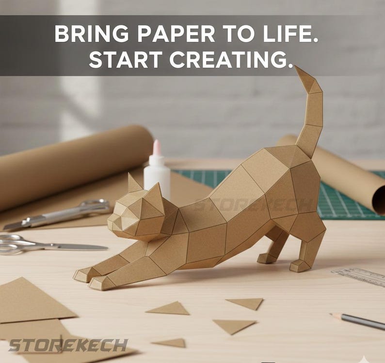 Low Poly Stretching Cat Papercraft – 3D Cardboard Model (PDF Pattern ...