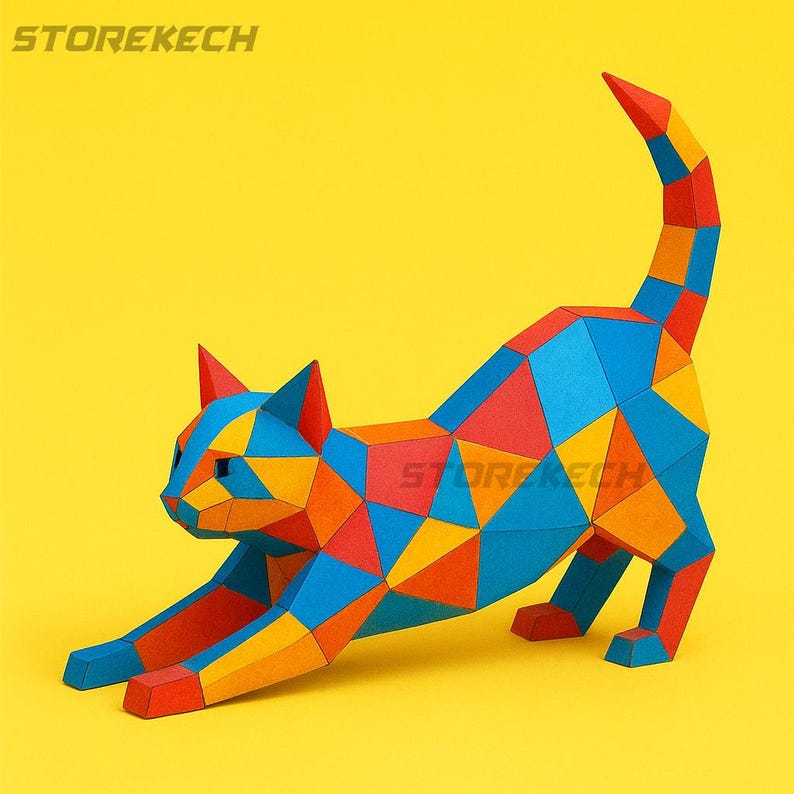 Low Poly Stretching Cat Papercraft – 3D Cardboard Model (PDF Pattern ...