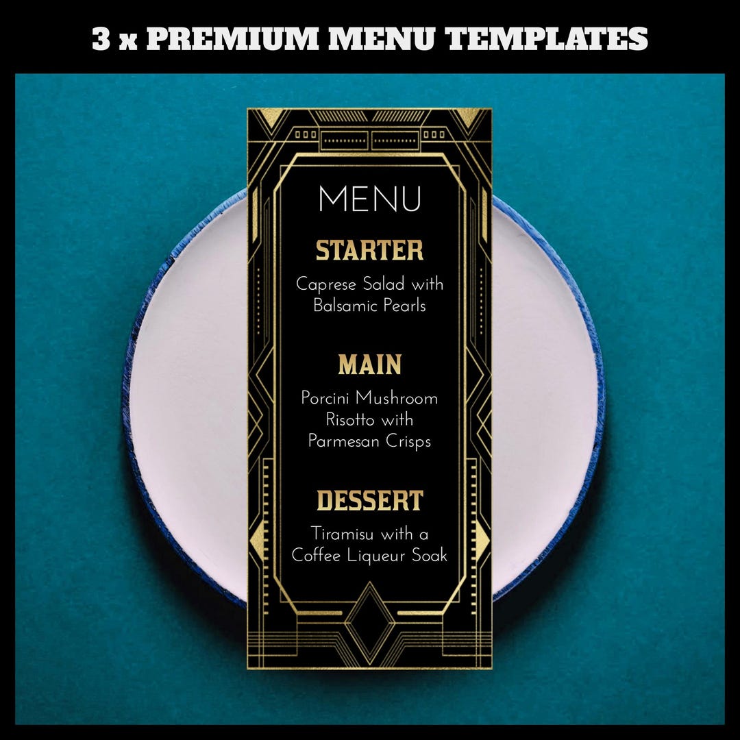 1920s Art Deco Dinner Menus | EDITABLE | Great Gatsby Black Gold ...