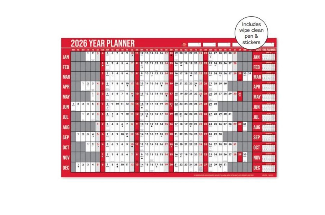 2026 UK Unmounted A1 Annual Yearly Wall Planner 84cm Office Year ...