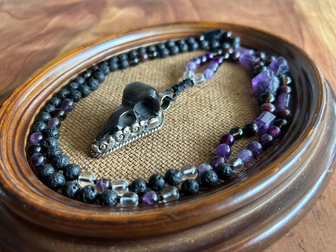 Golden Sheen Obsidian Raven Skull 111 Beaded Mala. Amethyst, Garnet ...