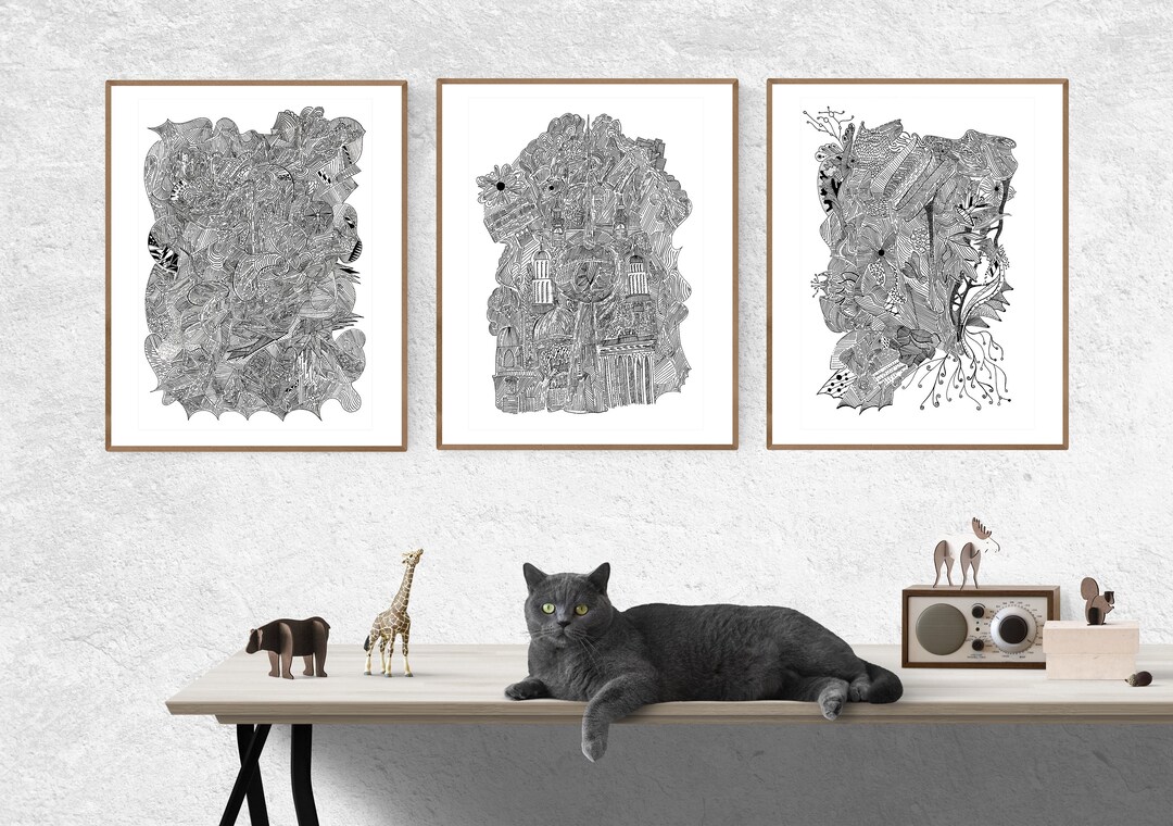 Poster Set of 3 X A3 Abstract Posters Line Doodle Art Decoration Poster ...