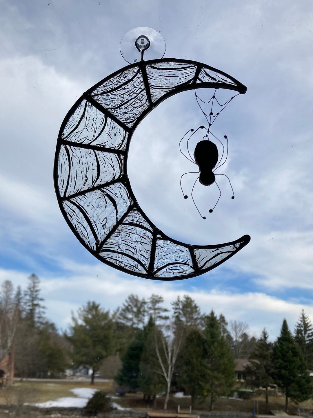 Spider Moon Suncatcher Stained Glass Moon Spiderweb Witch - Etsy
