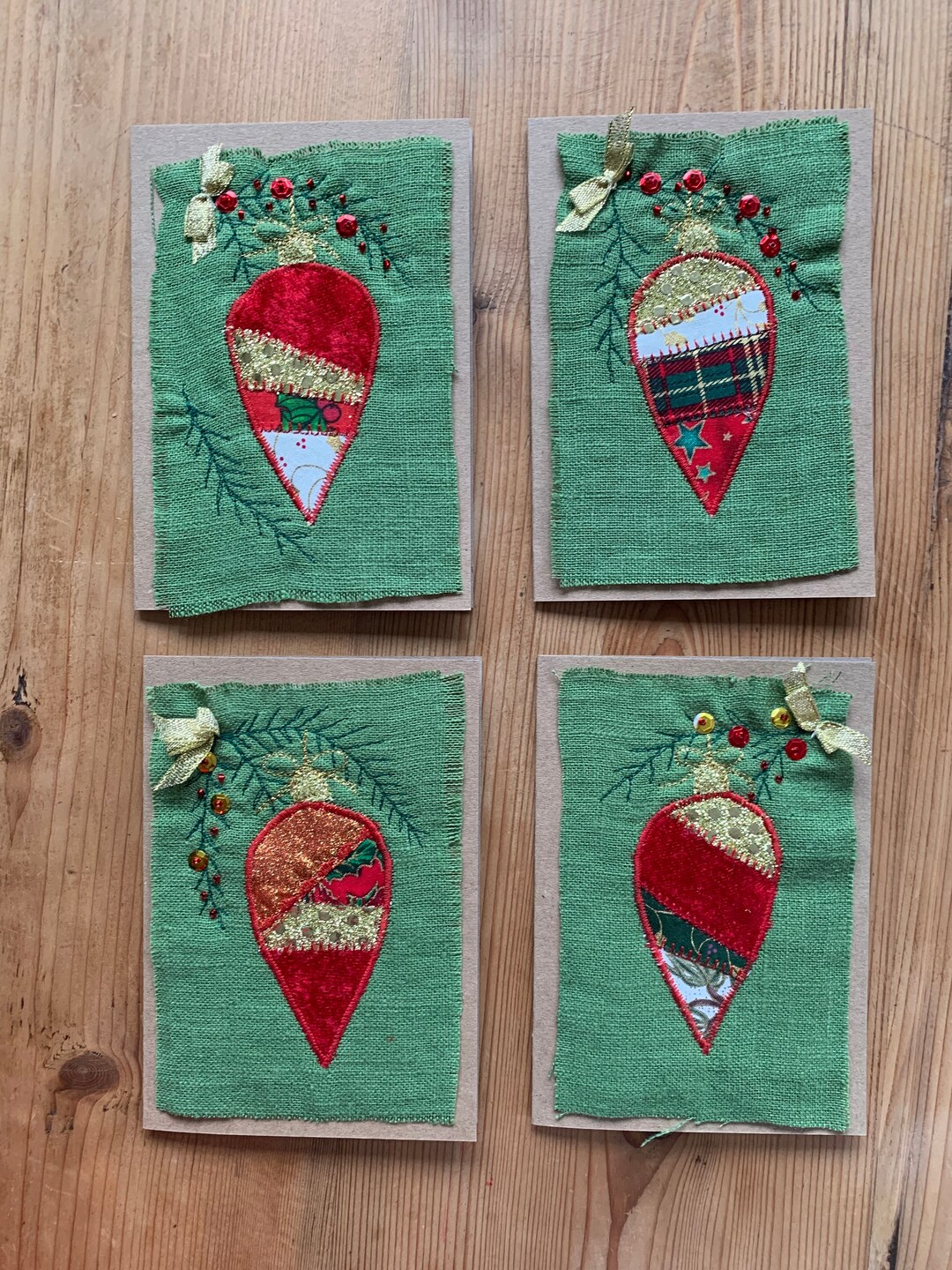 Set of 4 Handmade Christmas Cards, Textile Art, Free Motion Embroidery ...