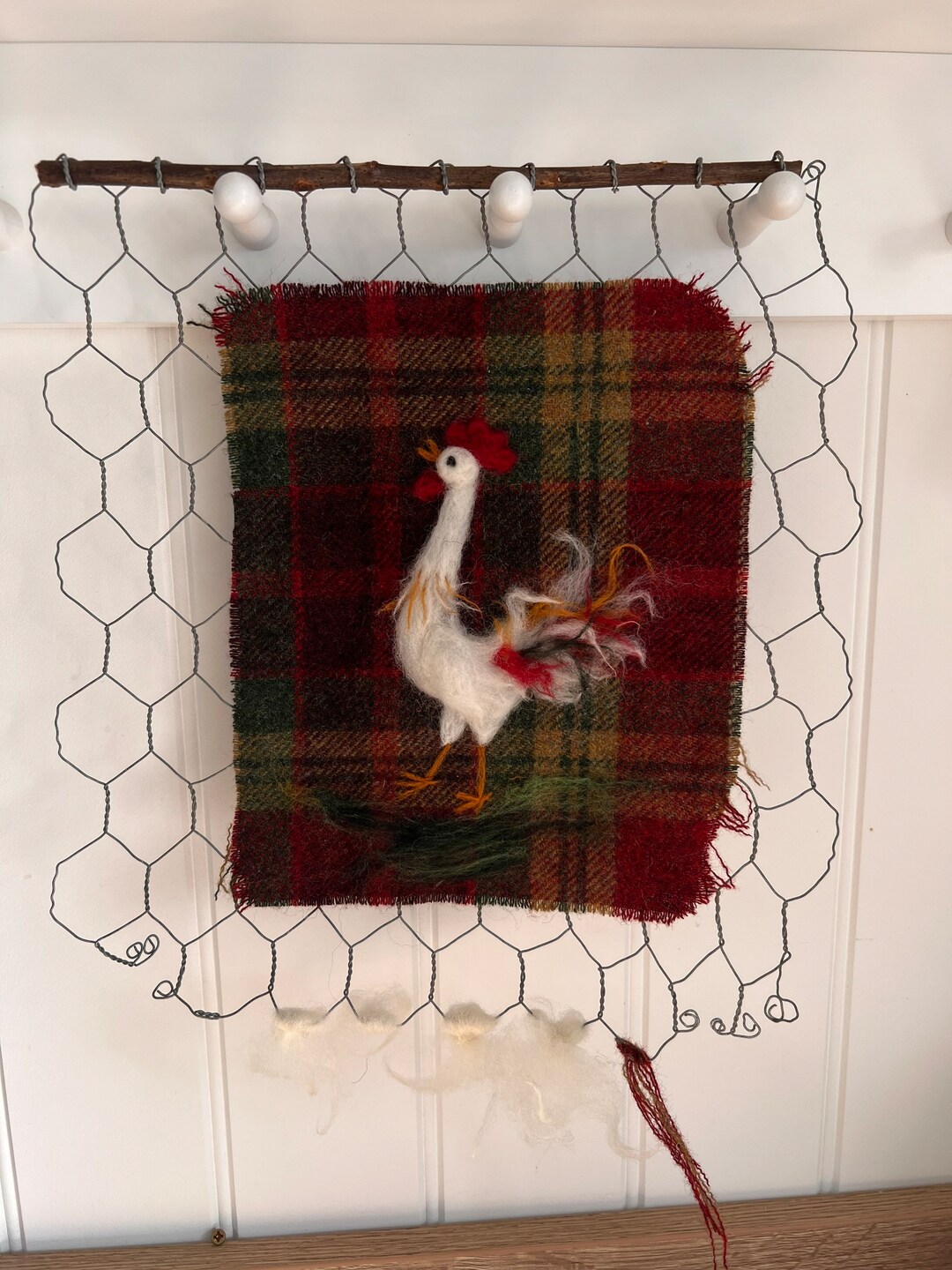 Needle Felted Chicken Art: 3D Wool Picture on Tartan - Etsy