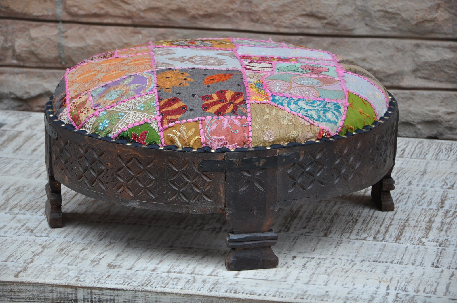 Indian Carved Chakki Table With Cushion/ Pouf Recycled | Etsy