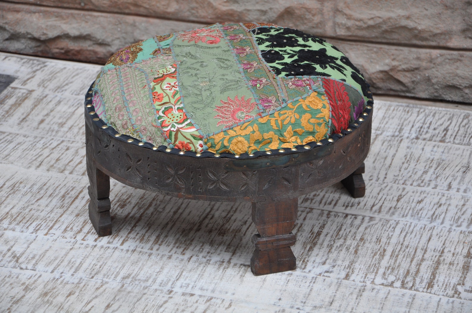 Indian Carved Chakki Table With Cushion/ Pouf Recycled | Etsy