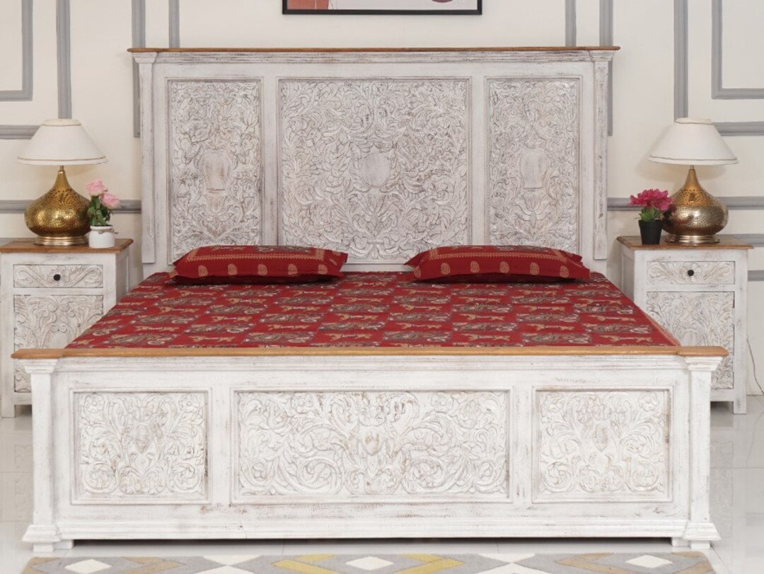 Wooden Carved Bed/ Handcrafted Wooden Bed/ Antique Style Bed - Etsy