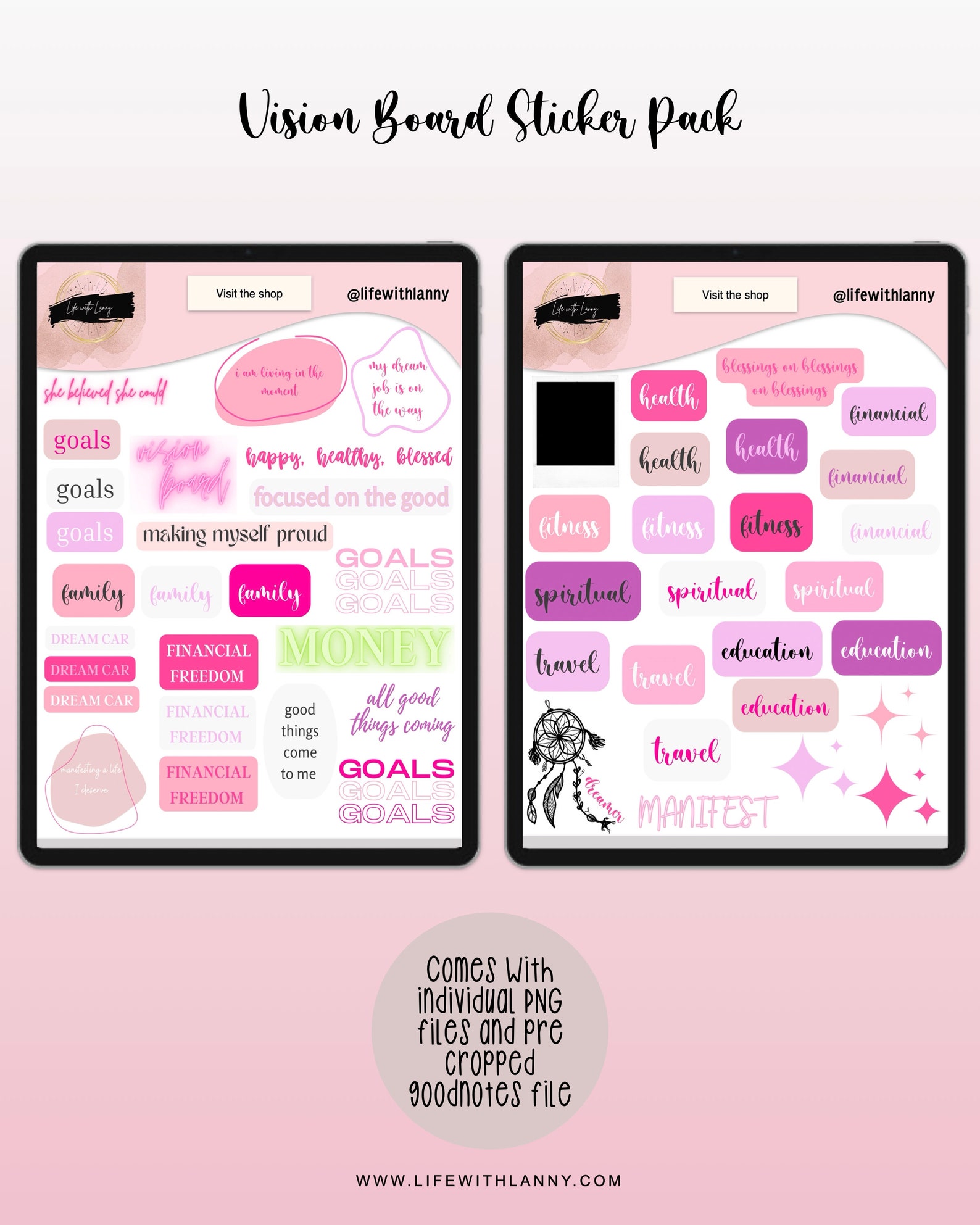Vision Board Stickers: 50+ Digital Planner Stickers (goodnotes, PNG ...