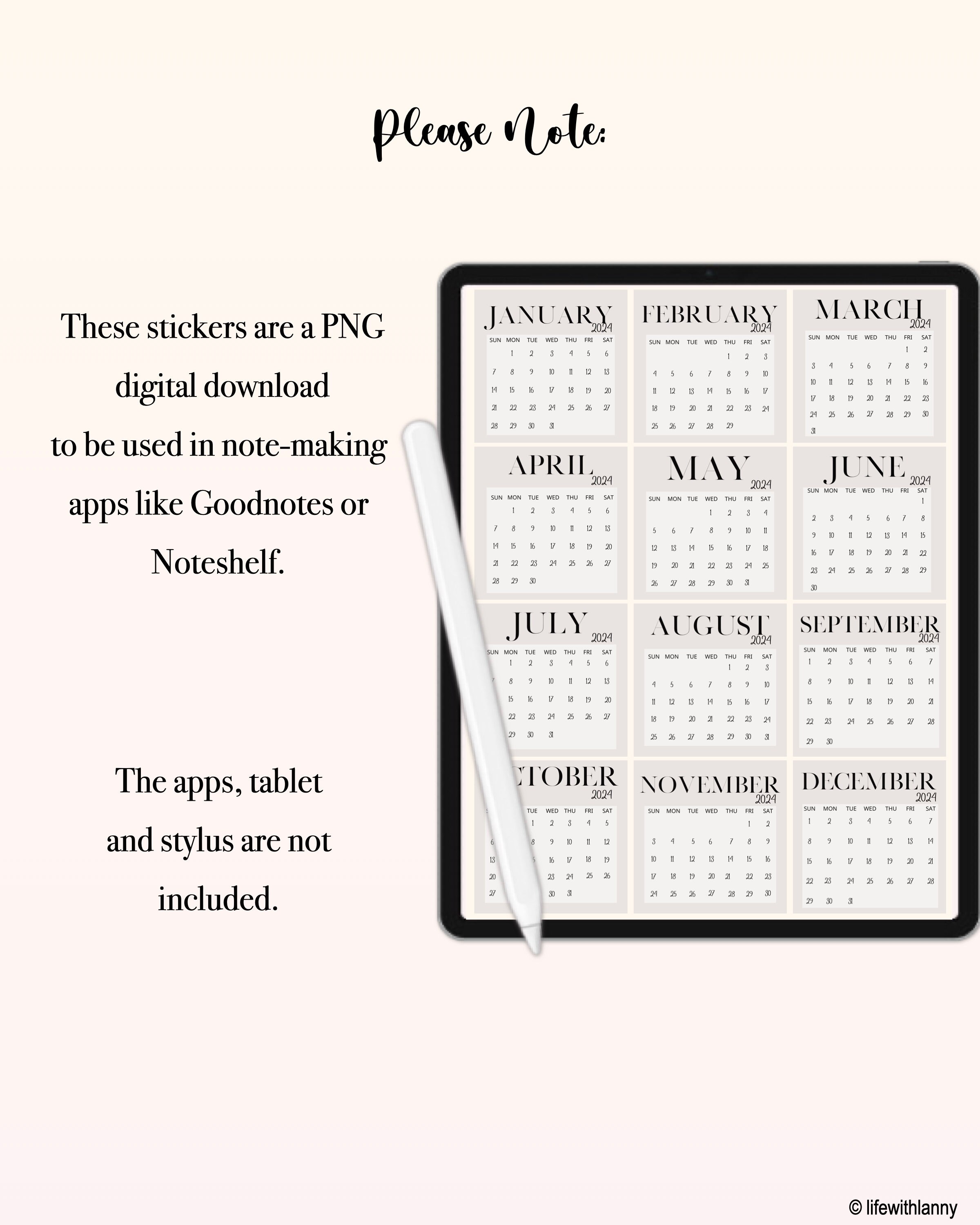 2024 Mini Monthly Calendar Stickers for Goodnotes Noteshelf Notability ...
