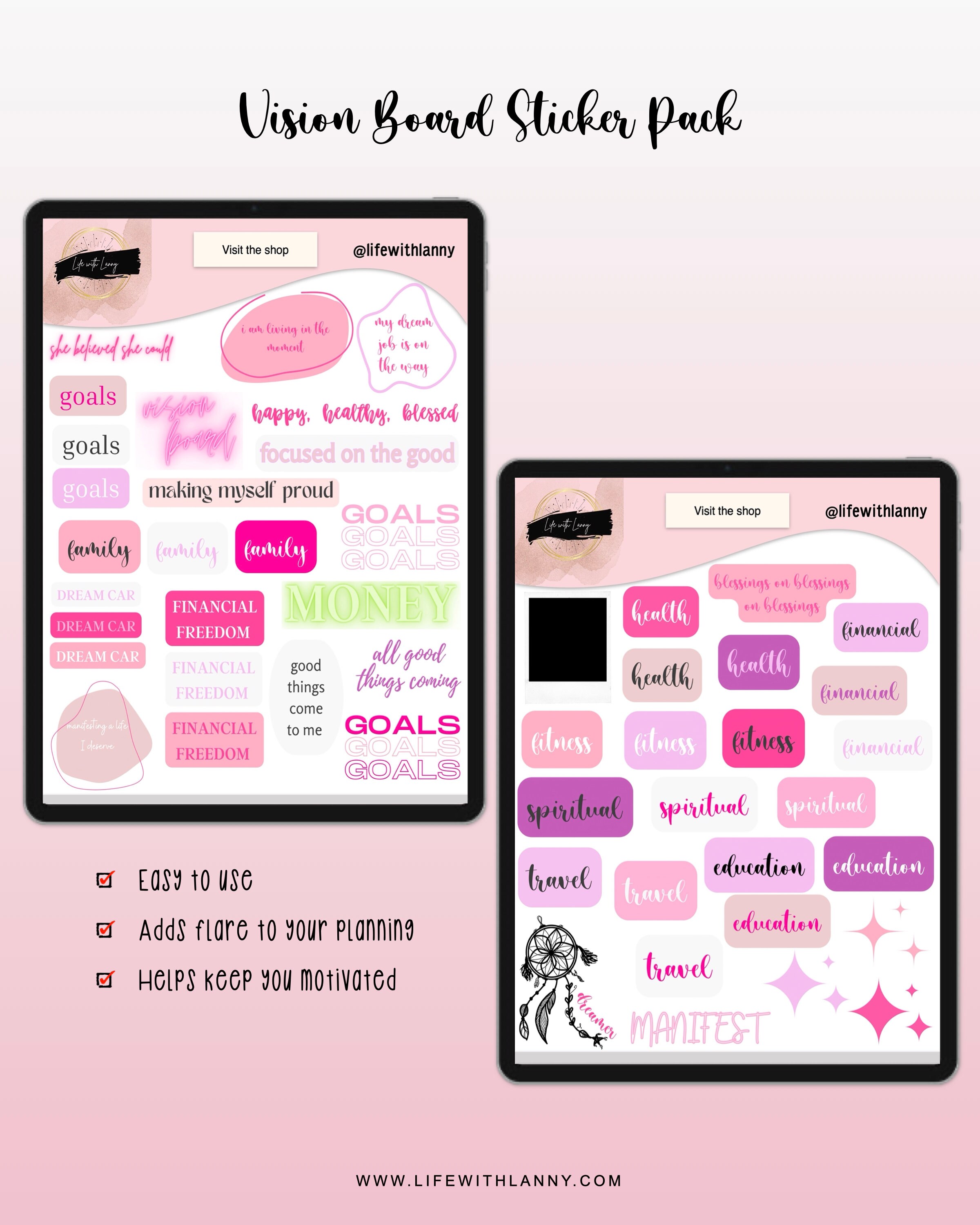 Vision Board Stickers: 50+ Digital Planner Stickers (goodnotes, PNG ...