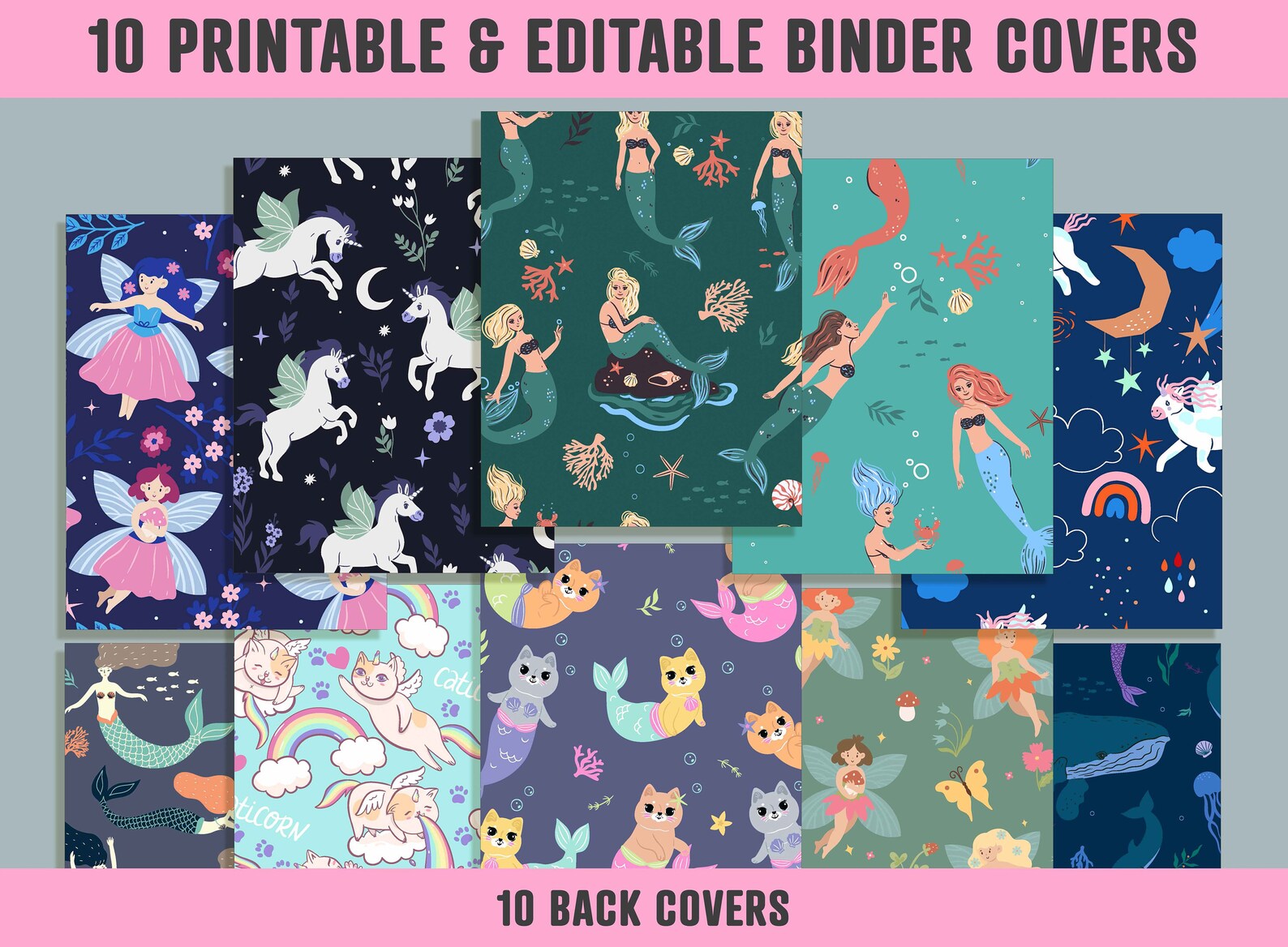 Mermaid Unicorn Fairy Binder Cover, 10 Printable/editable Binder Covers ...
