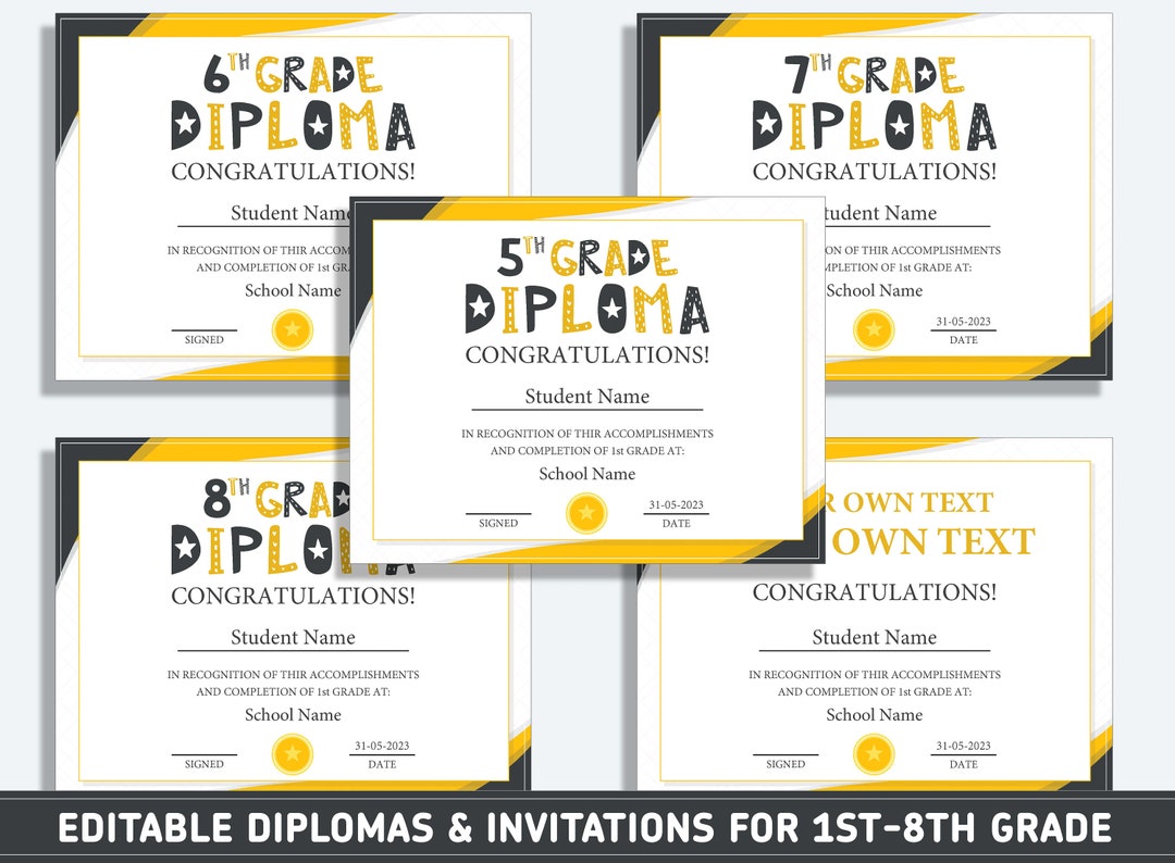 Editable Seventh Grade Diploma, 1st to 8th Grade Diploma, Certificate ...
