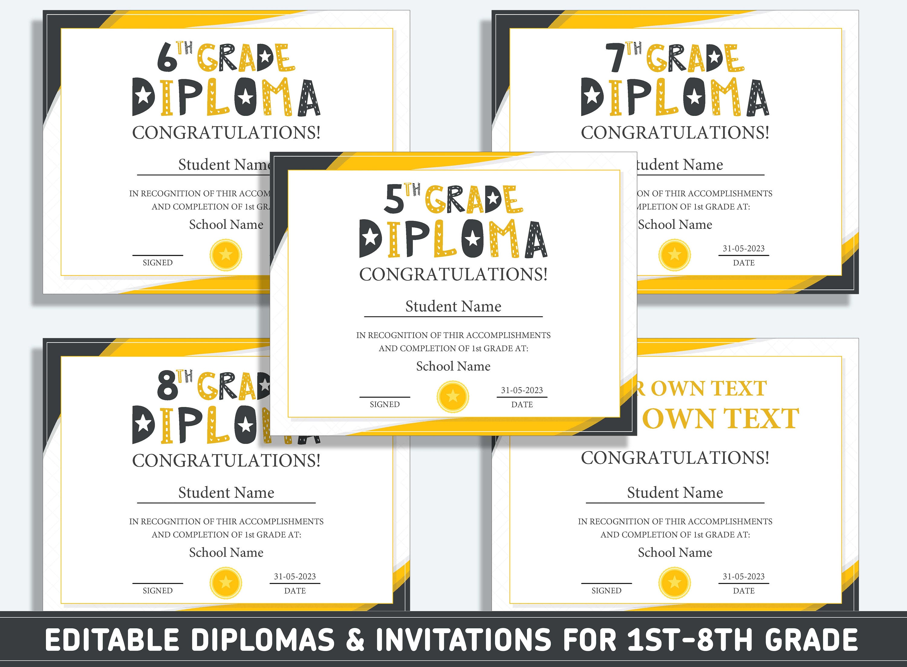 Editable Seventh Grade Diploma, 1st to 8th Grade Diploma, Certificate ...
