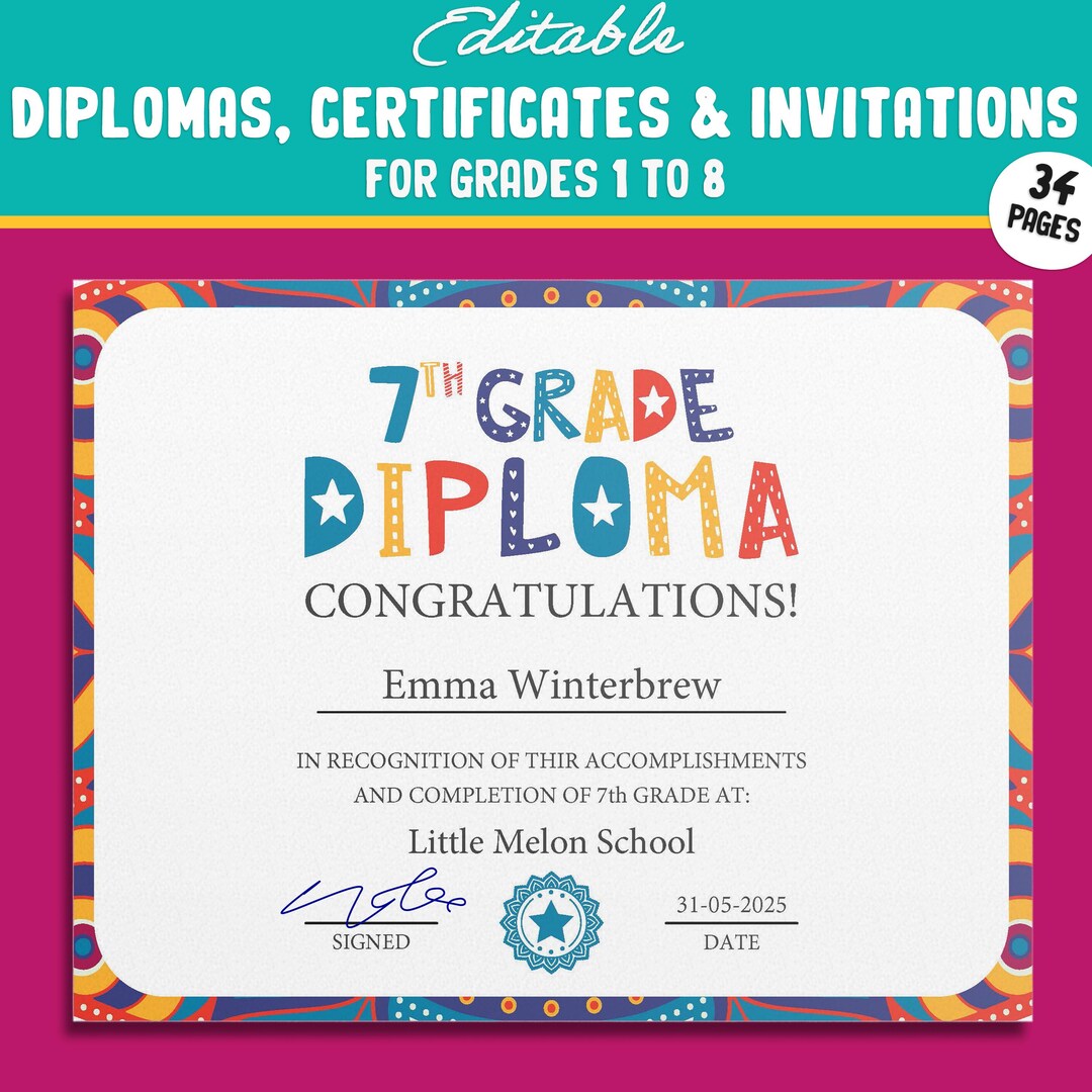 Editable 7th Grade Diplomas, 1st-8th Grade Certificates, and Invitation ...