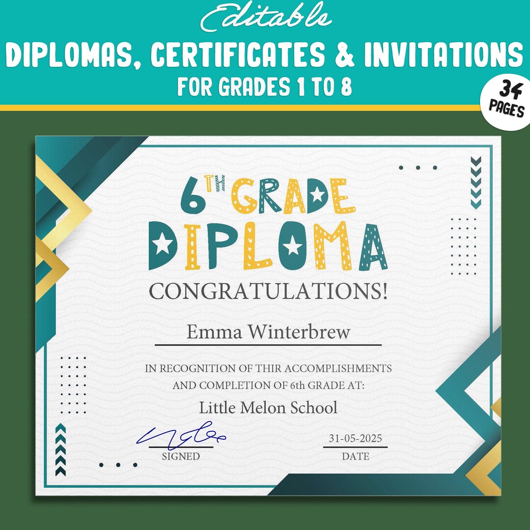Editable 6th Grade Graduation, 1st to 8th Grade Diploma, Certificate of ...