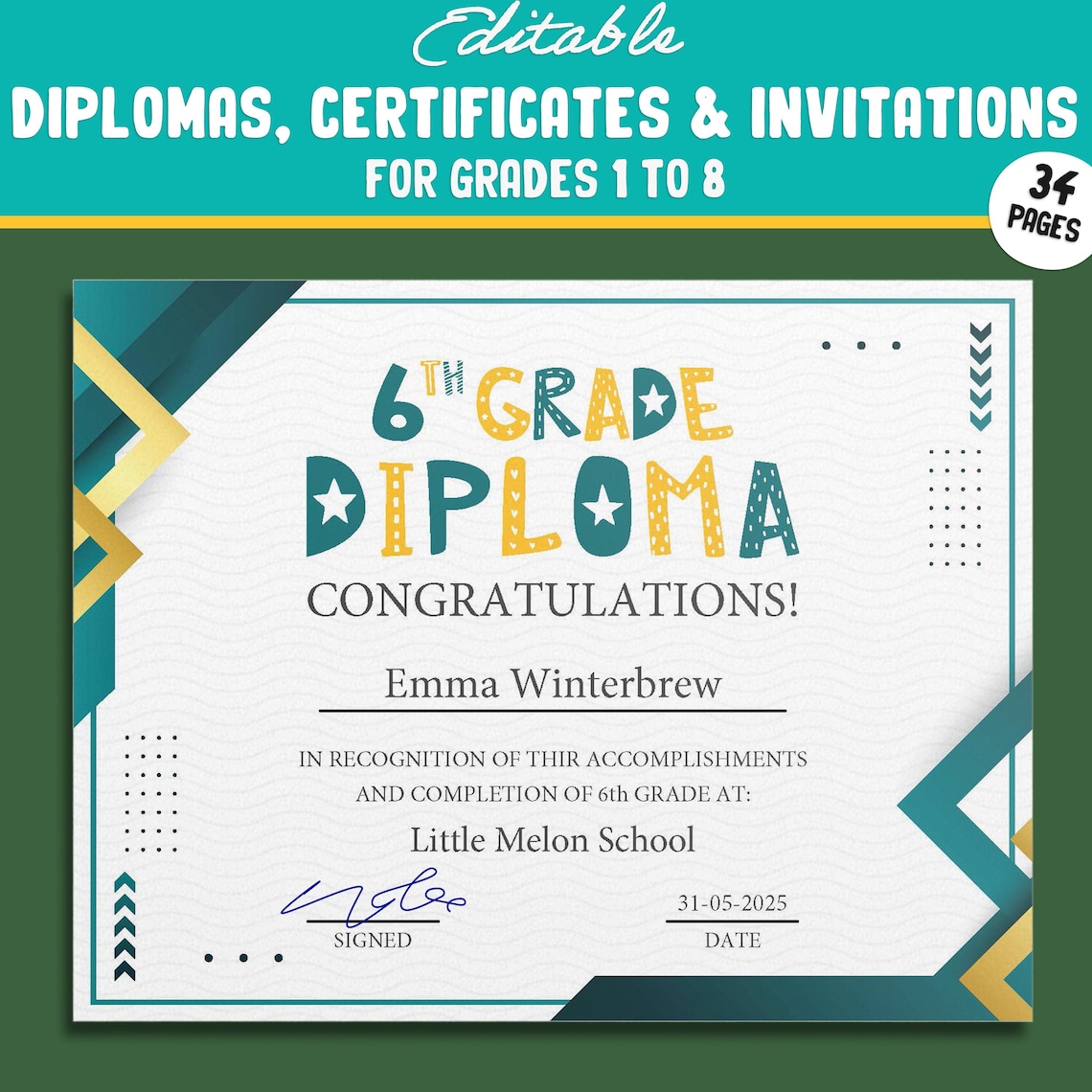 Editable 6th Grade Graduation, 1st to 8th Grade Diploma, Certificate of ...