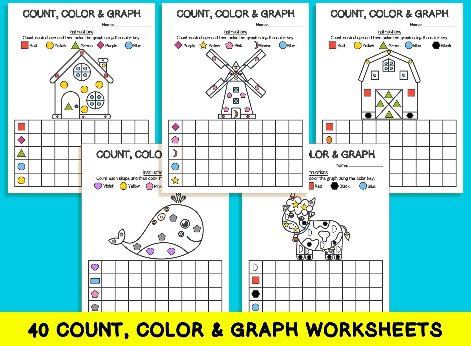 40 Count Color & Graph Worksheets Count and Graph Shapes - Etsy