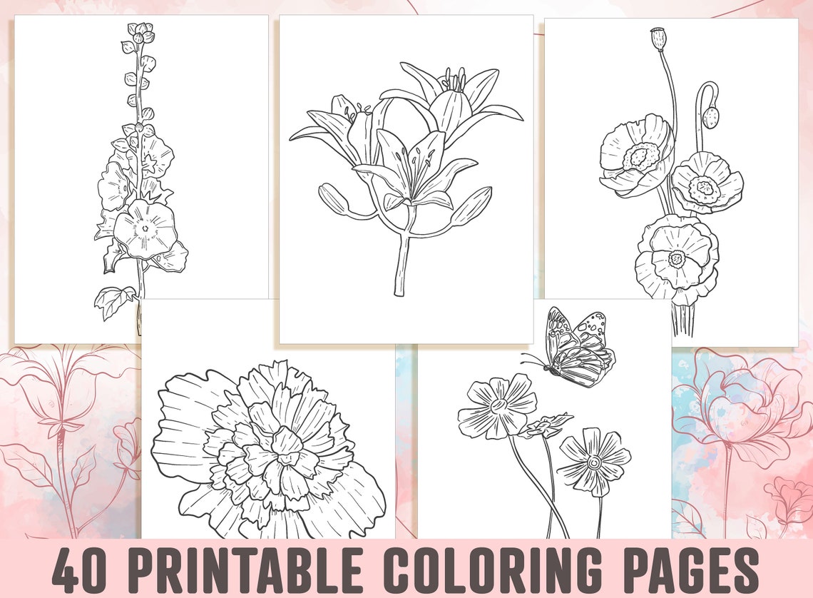 Floral Coloring Pages 40 Beautiful Floral and Flower | Etsy