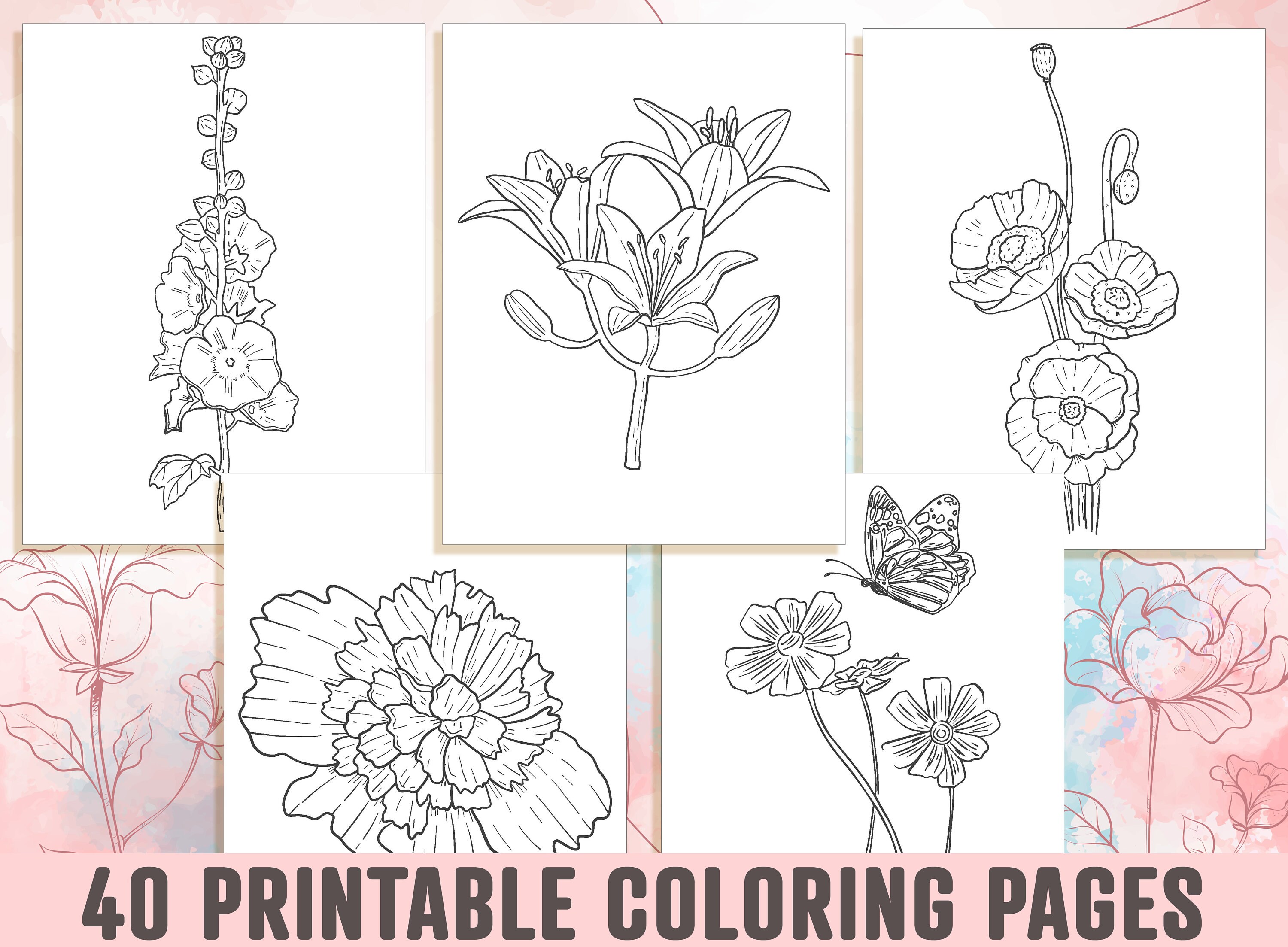 Floral Coloring Pages 40 Beautiful Floral and Flower | Etsy