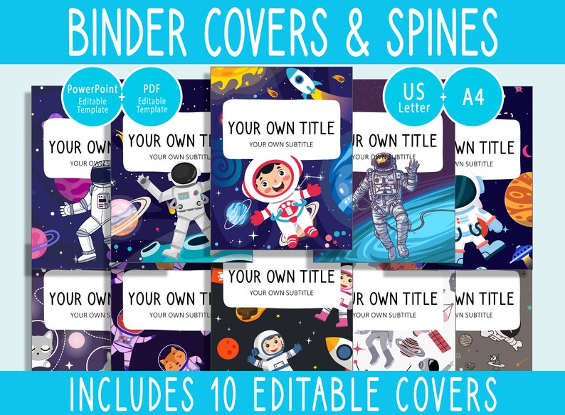 10 Editable Astronaut Binder Covers, Includes 1", 1.5", 2" Spines ...