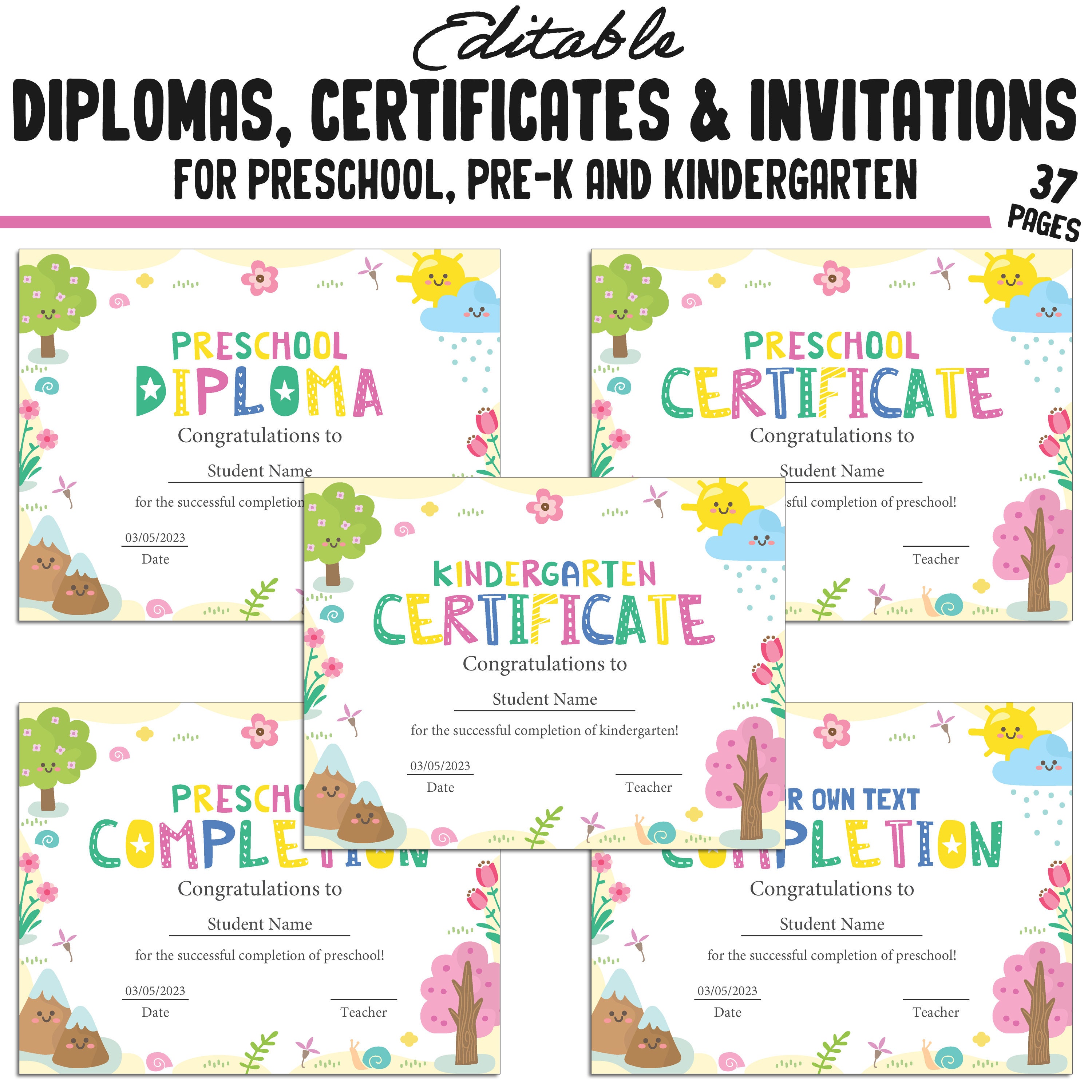 37 Editable Pre-k Certificates, Lovely Nature Themed, Kindergarten ...