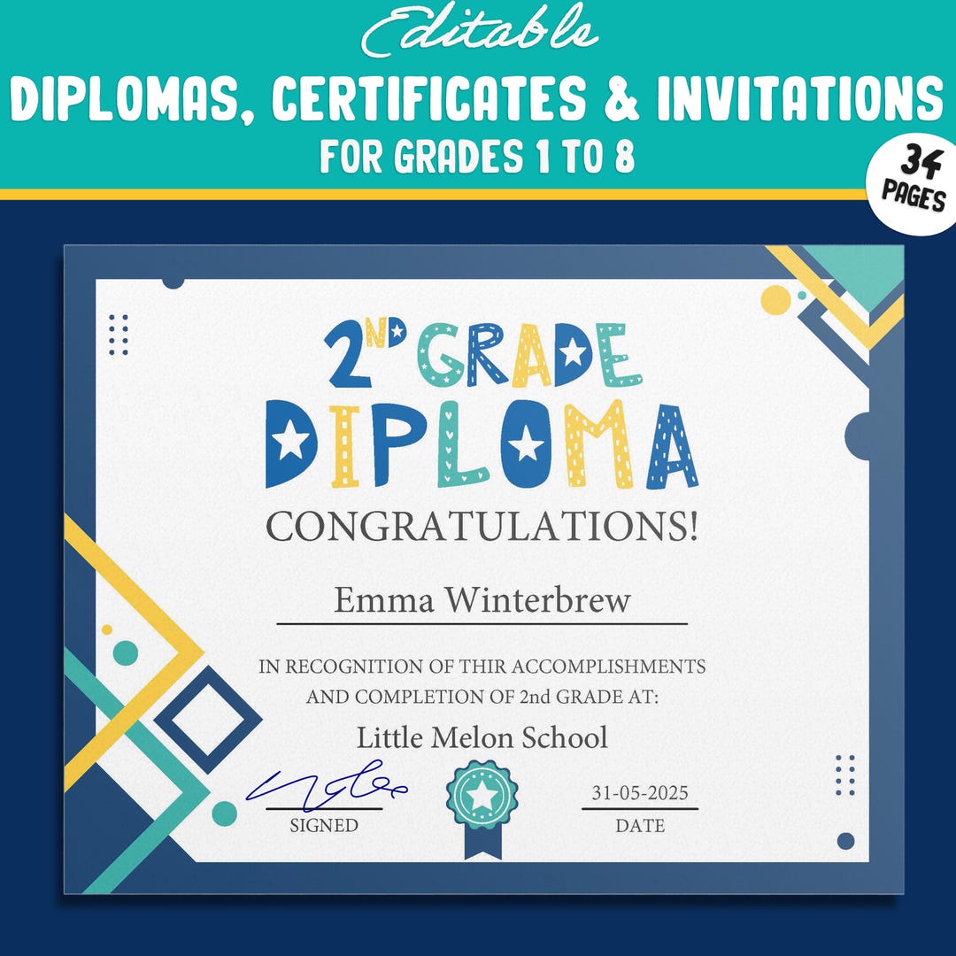 Personalized 2nd Grade Diplomas, 1st-8th Grade Achievement Certificates ...