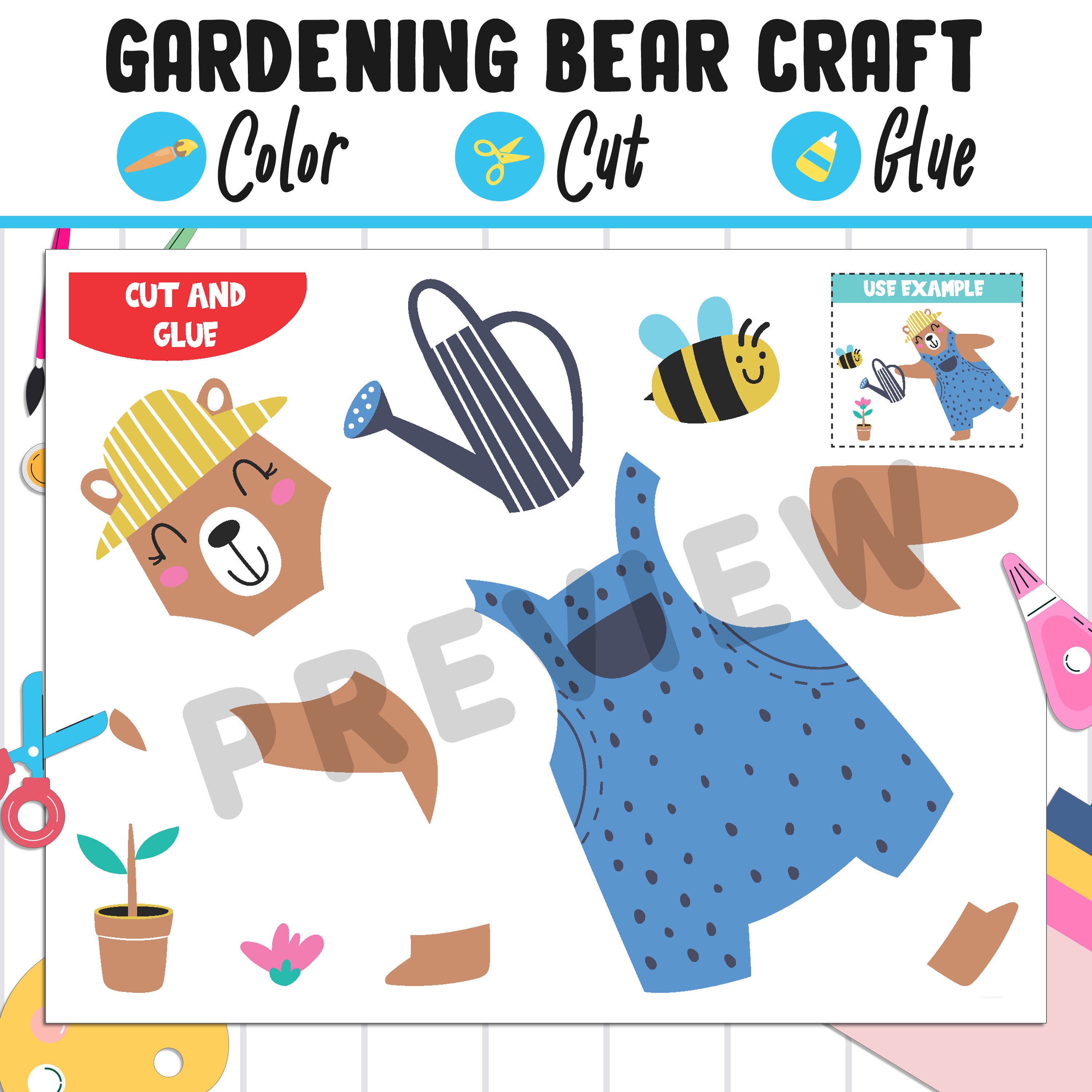 Gardening Bear Craft for Kids: Color, Cut, and Glue, a Fun Activity for ...