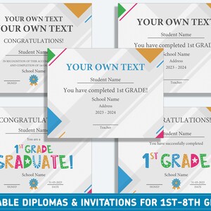 Editable 8th Grade Graduation, 1st to 8th Grade Diploma, Certificate of ...