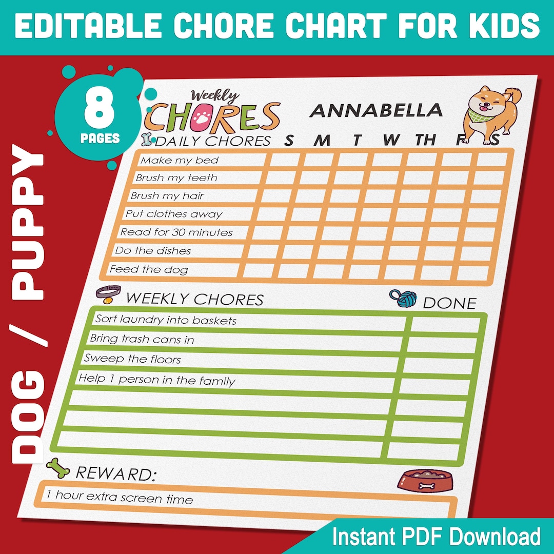 Dog and Puppy-themed Chore Chart for Kids: 8 Printable and Editable ...