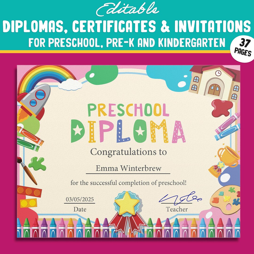 Editable Preschool, Pre-k, and Kindergarten Diplomas, Certificates, and ...