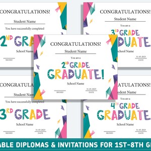 Editable First Grade, Second Grade to 8th Grade Diploma Certificate of ...