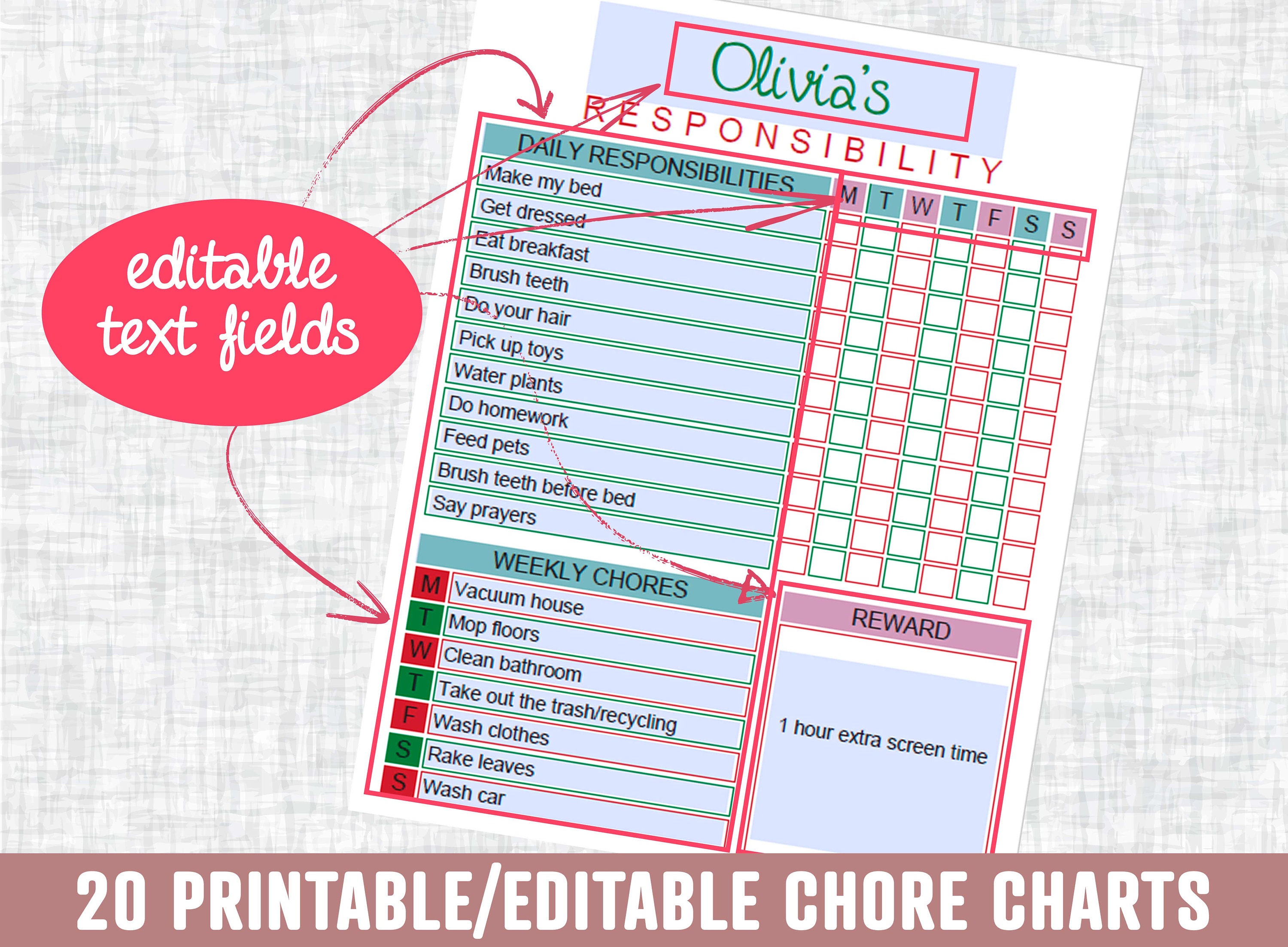 20-page Editable Chore Chart for Kids: Daily/weekly Responsibility and ...