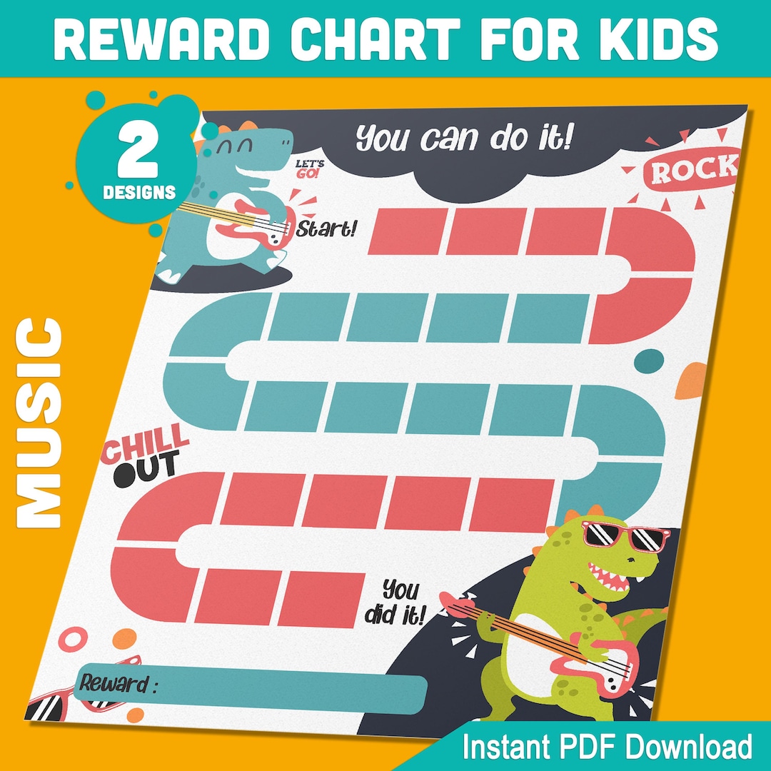Printable Dinosaur Playing Music Reward Chart for Kids: 2 Fun Designs ...
