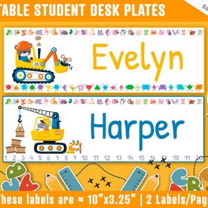 Student Desk Plates 30 Printable/editable Construction Vehicles ...