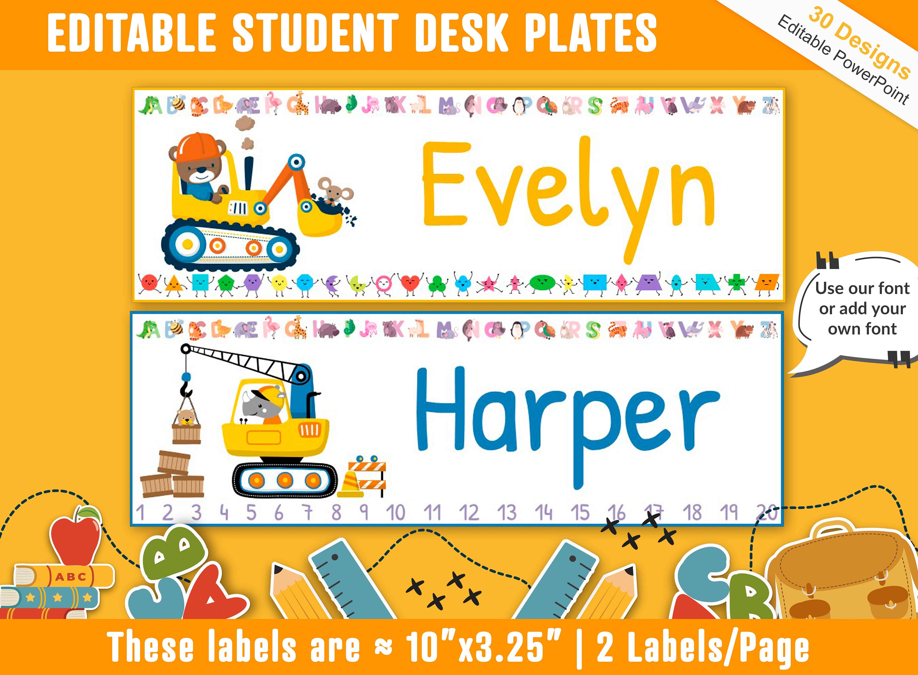 Student Desk Plates 30 Printable/editable Construction Vehicles ...