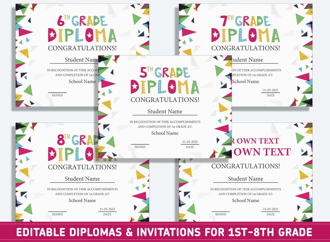 Editable 5th Grade Diploma, 1st to 8th Grade Diploma, Certificate of ...