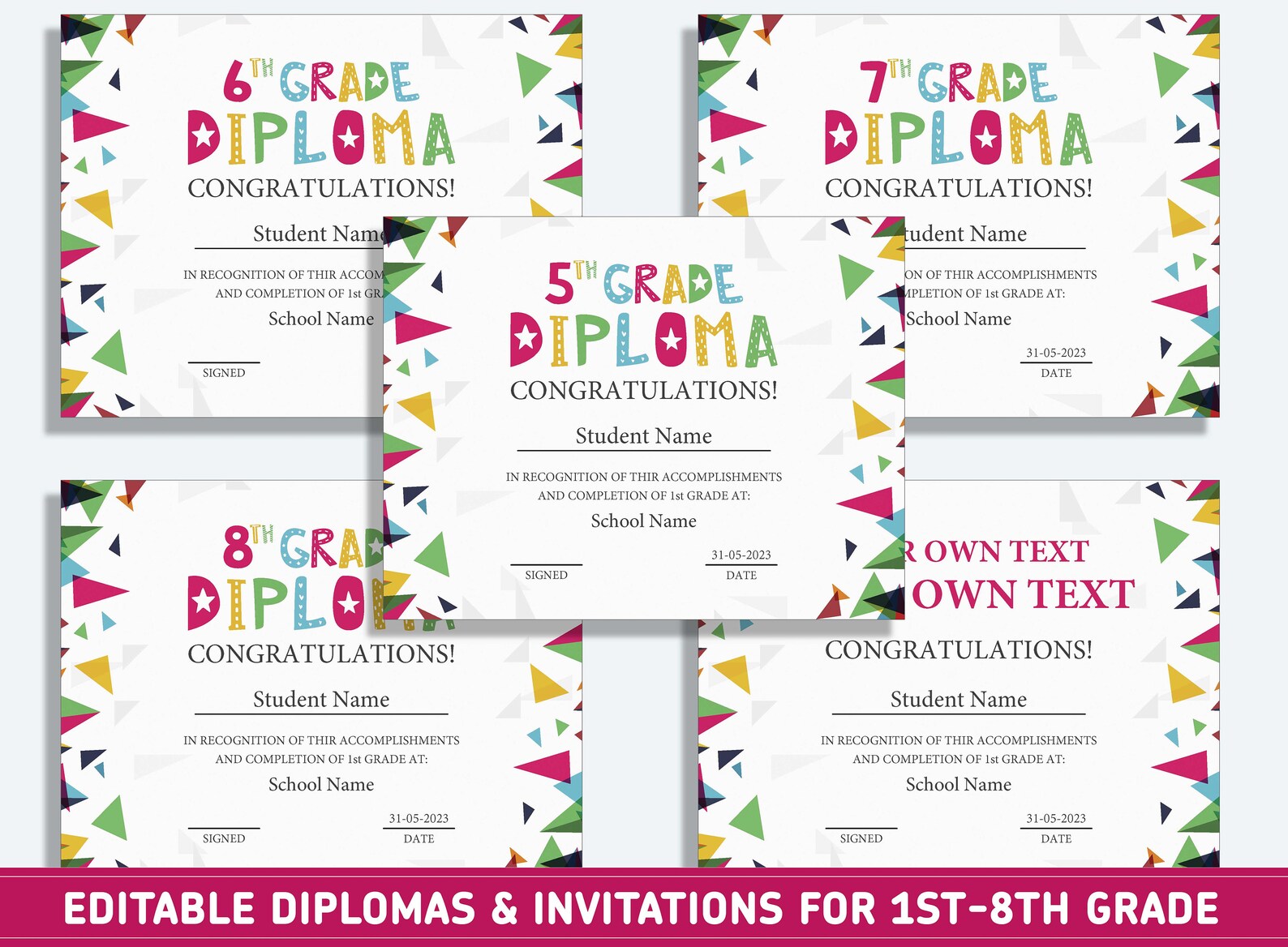 Editable 5th Grade Diploma, 1st to 8th Grade Diploma, Certificate of ...