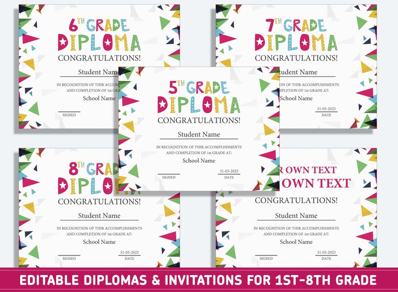 Editable 5th Grade Diploma, 1st to 8th Grade Diploma, Certificate of ...