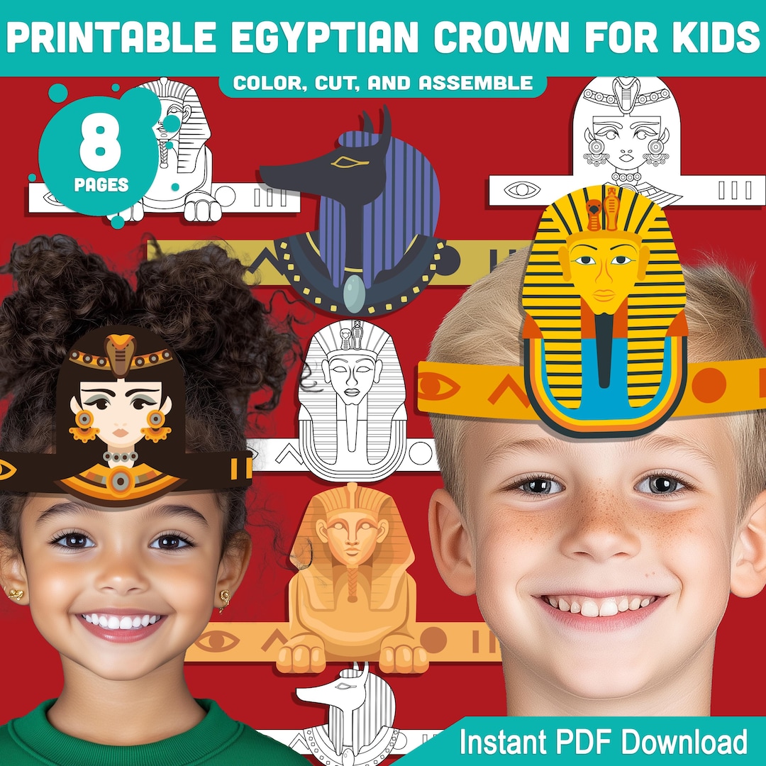 Printable Egyptian Crown for Kids, Pharaoh Cleopatra Sphinx Anubis ...