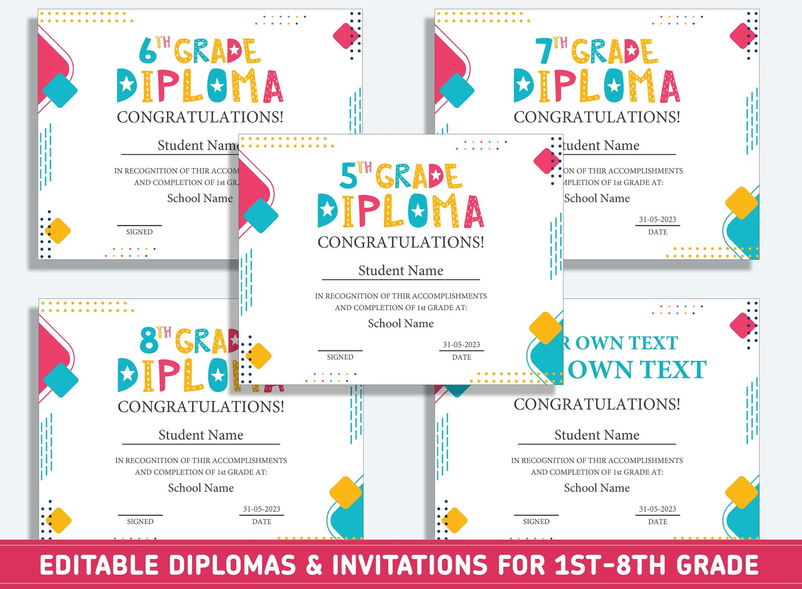Editable 6th Grade Certificate, 1st to 8th Grade Diploma, Certificate ...