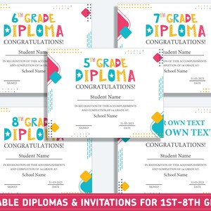 Editable 6th Grade Certificate, 1st to 8th Grade Diploma, Certificate ...