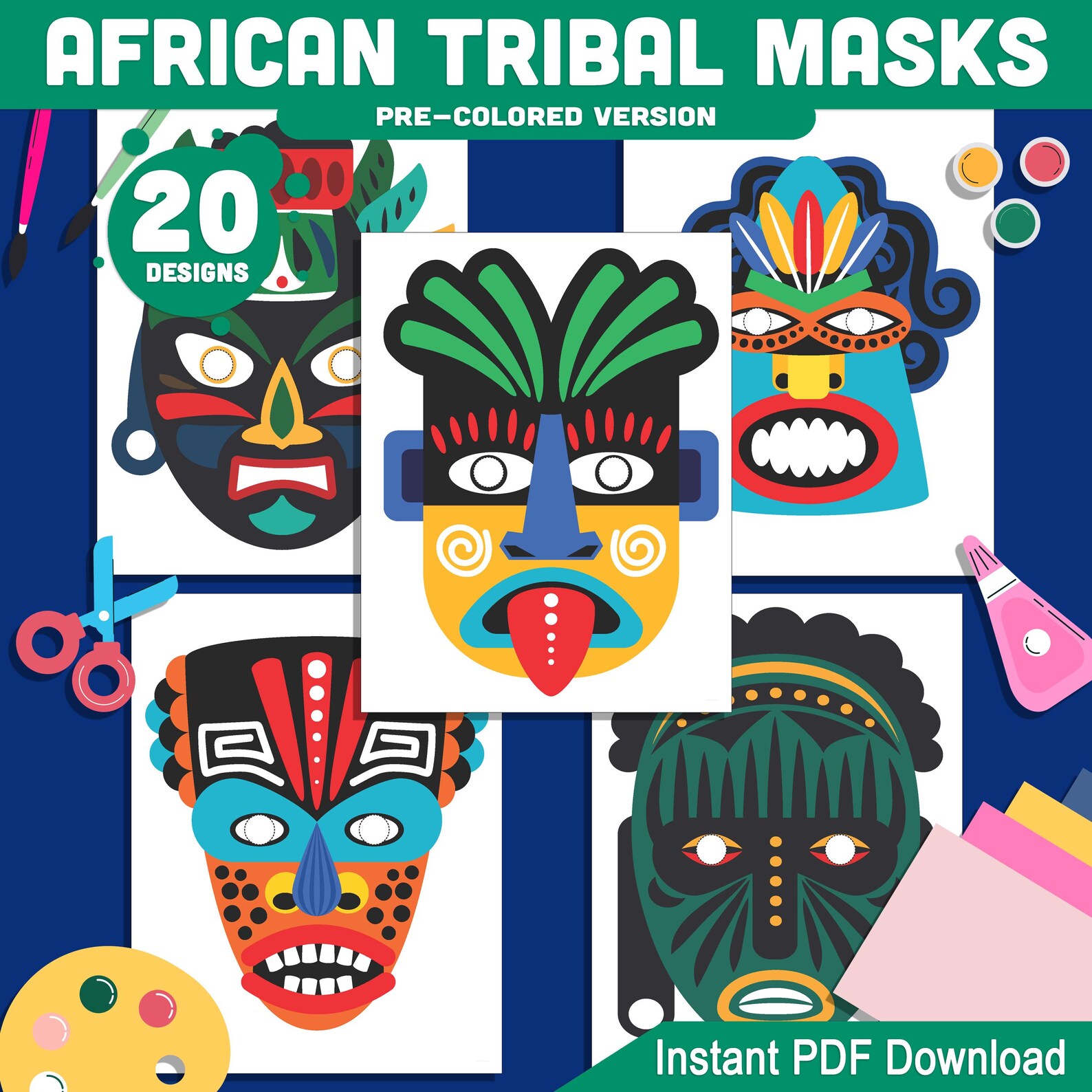 African Tribal Masks Printable: 20-page DIY Craft With 10 Designs to ...