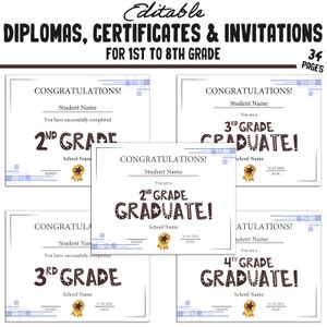 Printable 5th Grade Diplomas, Editable Certificates for 1st-8th Grades ...